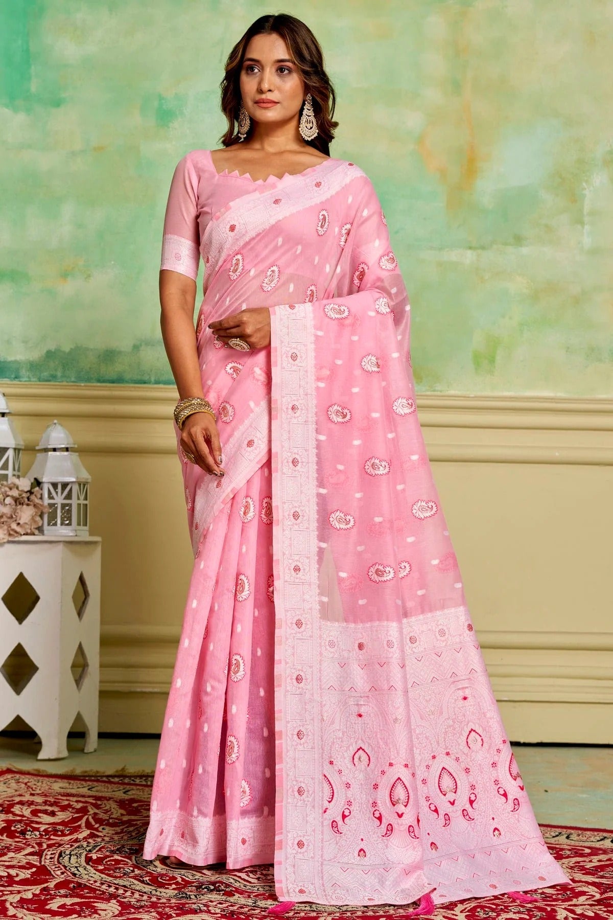 Buy Baby Pink Cotton Traditional Saree NCSD11111665 – Ninecolours.com