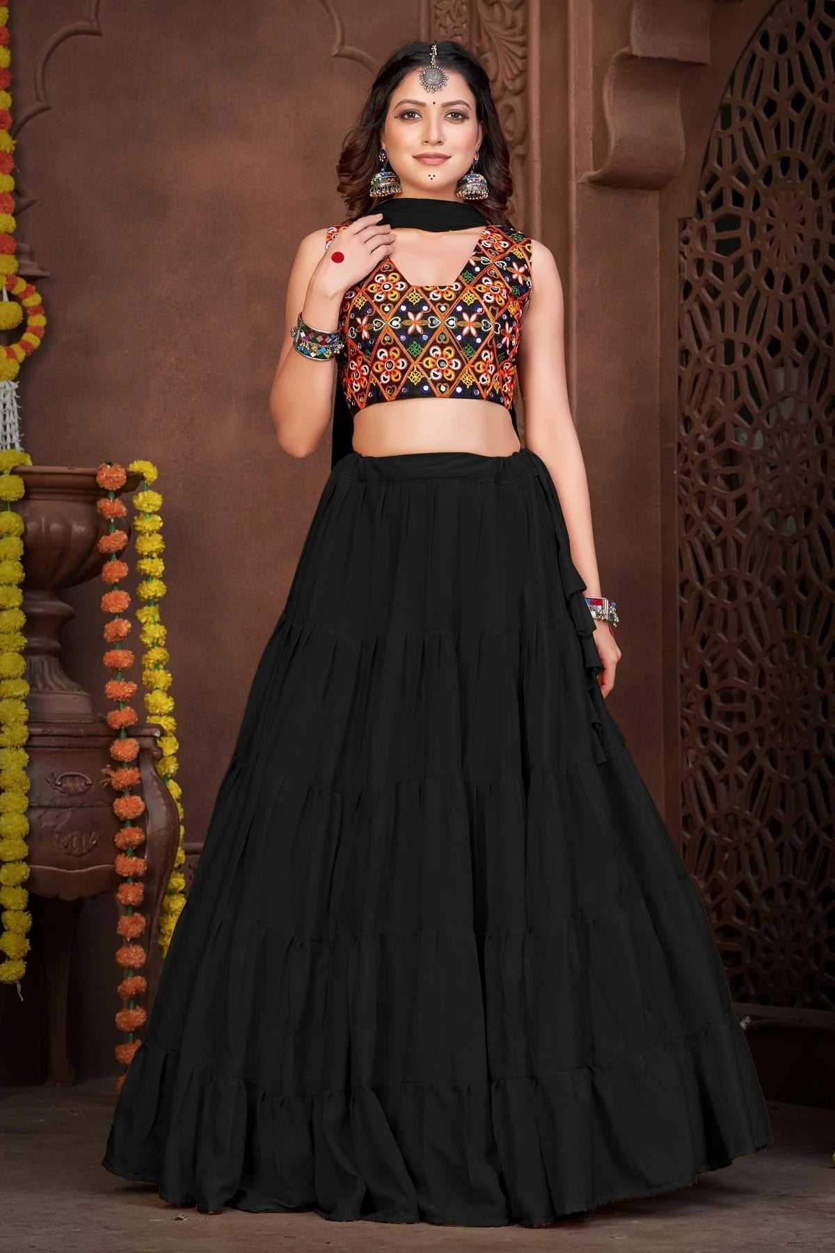Buy Black Embroidery French Crepe Navratri Lehenga NCLD11710195 ...