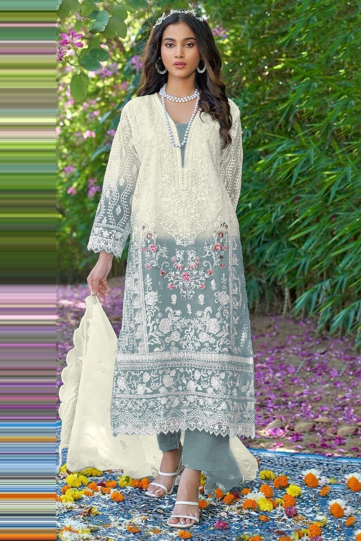Buy Dusty Blue Organza Pakistani Suit NCSM11410575 – Ninecolours.com