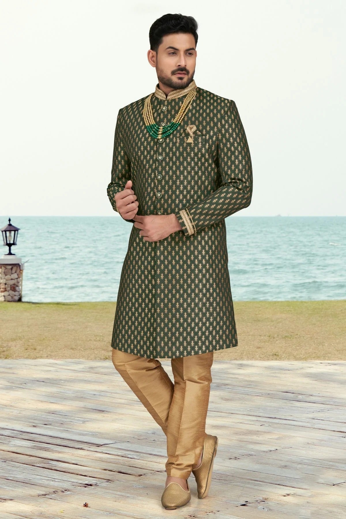 Buy Green Jacquard Indo Western Sherwani NCSH10410295 – Ninecolours.com
