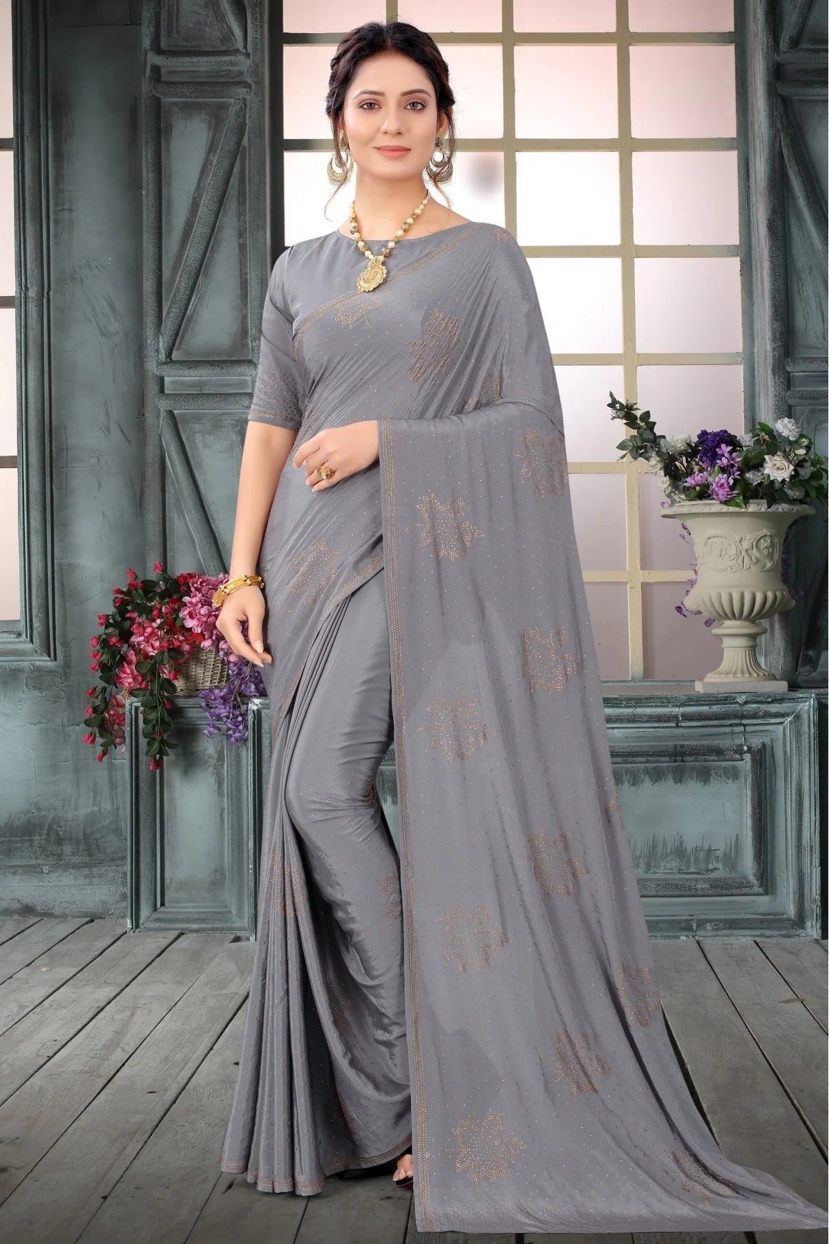Buy Grey Crepe SwaroNCki Saree NCSD11210810 – Ninecolours.com