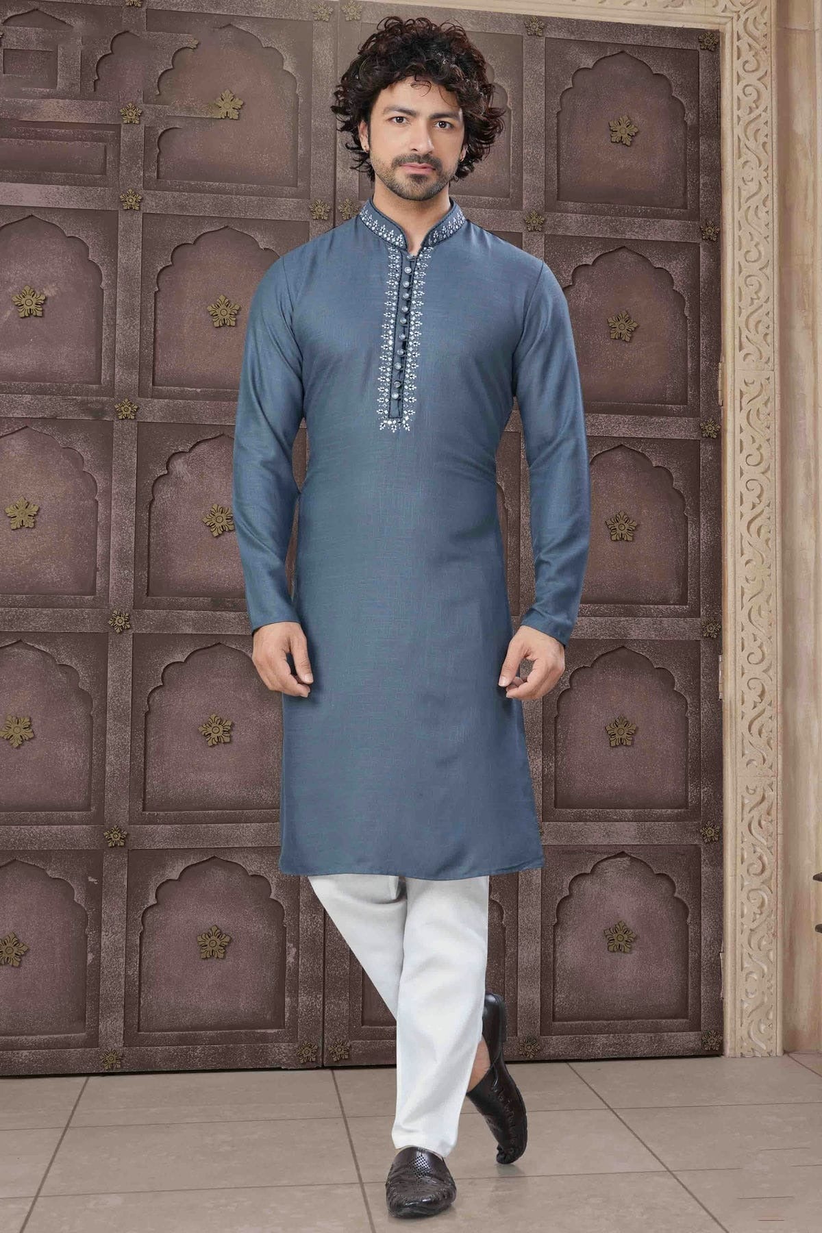 Buy Grey Embroidery Cotton Kurta Pajama NCKP11110527 – Ninecolours.com