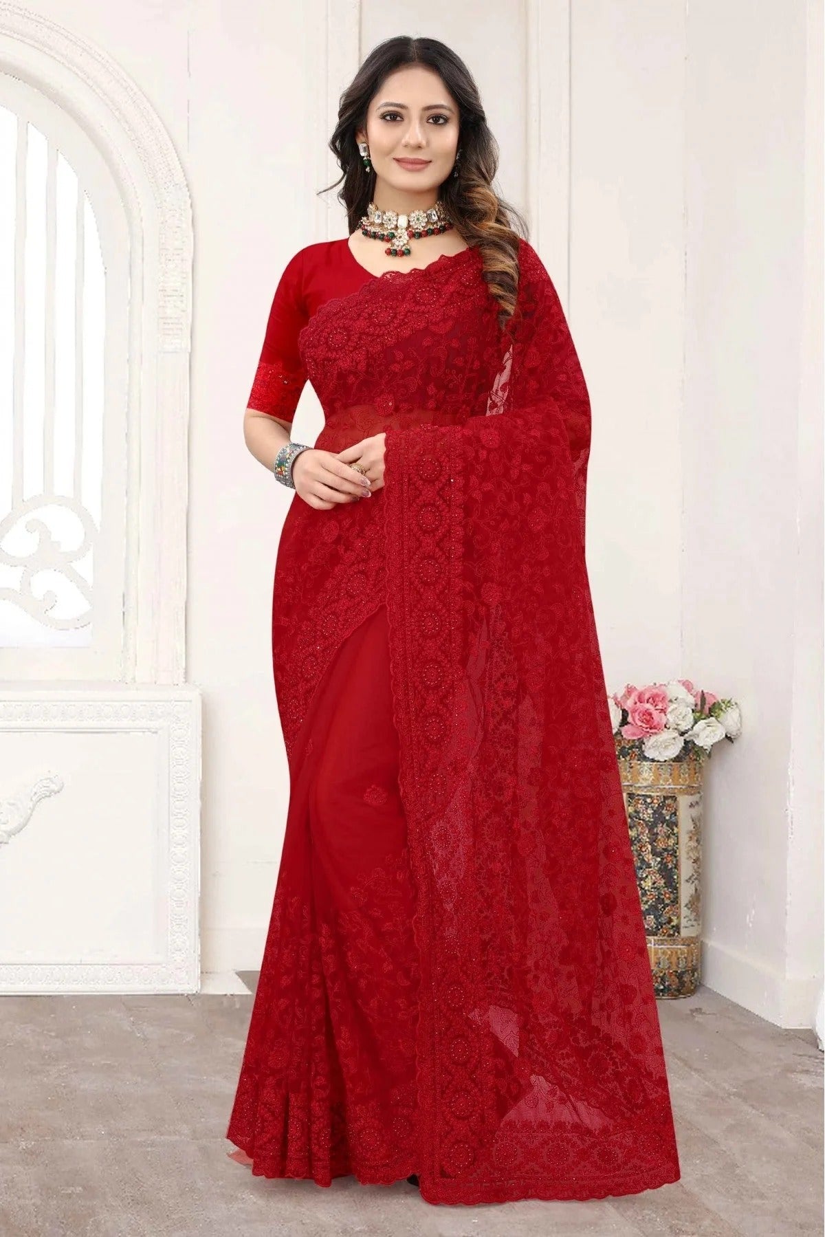 Buy Red Net Designer Saree NCSD10910601 – Ninecolours.com