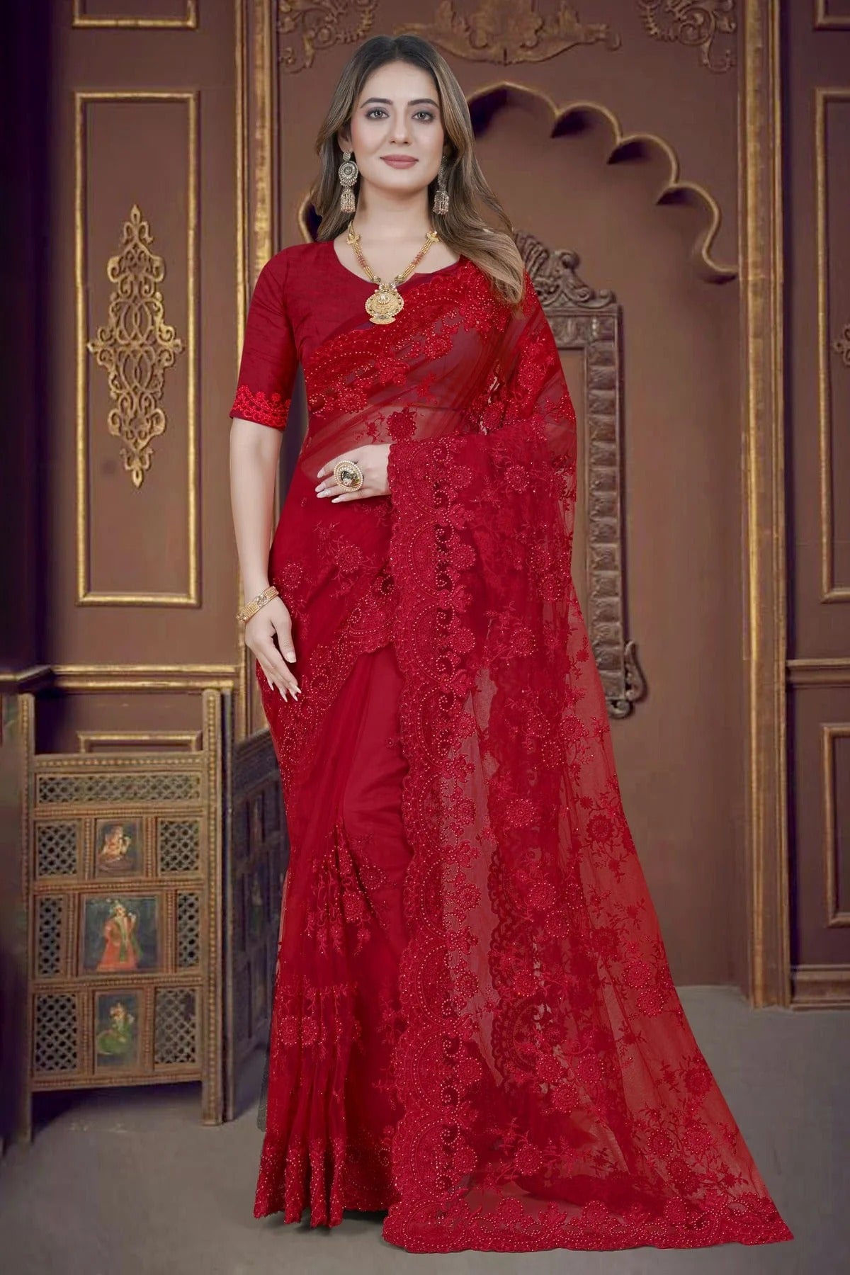 Buy Red Net Saree NCSD10910315 – Ninecolours.com