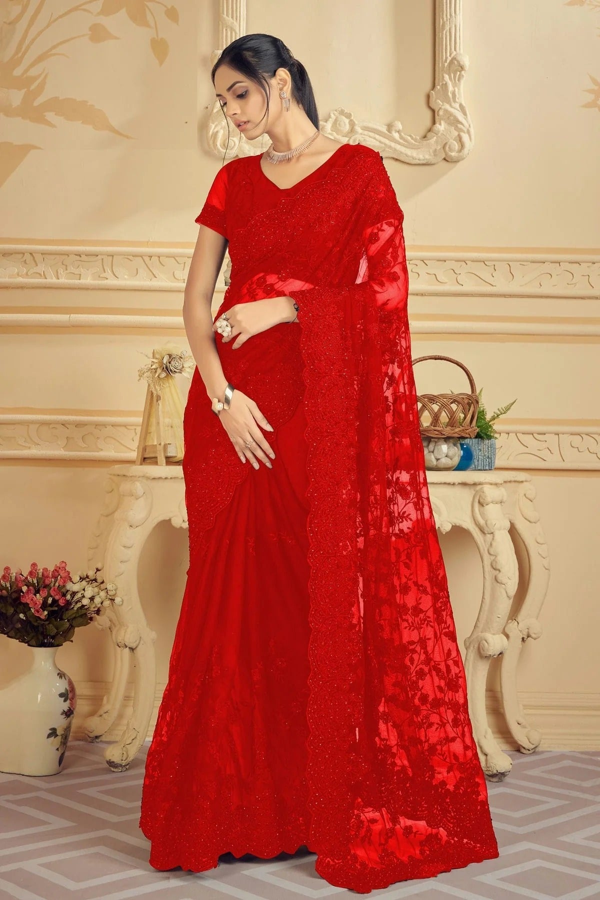 Buy Red Net Saree NCSD10910456 – Ninecolours.com