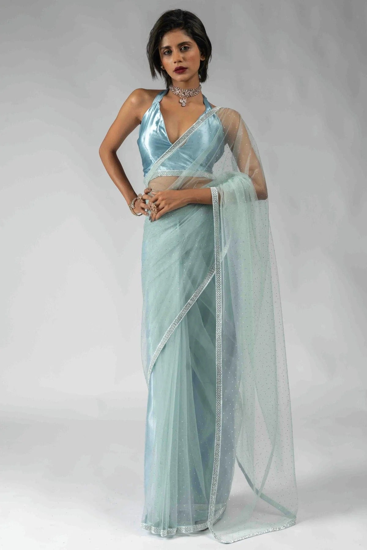 Buy Sky Blue Net Ready To Wear Saree NCSD11210102 – Ninecolours.com