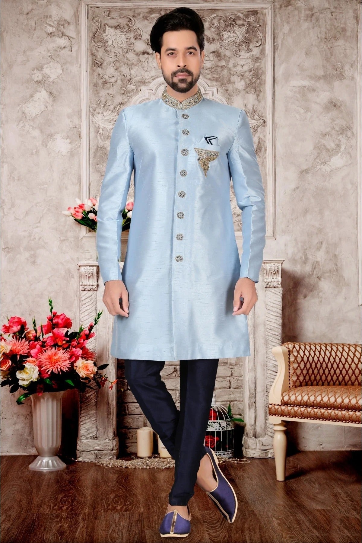 Buy Sky Blue Slub Silk Sherwani NCSH10410406 – Ninecolours.com