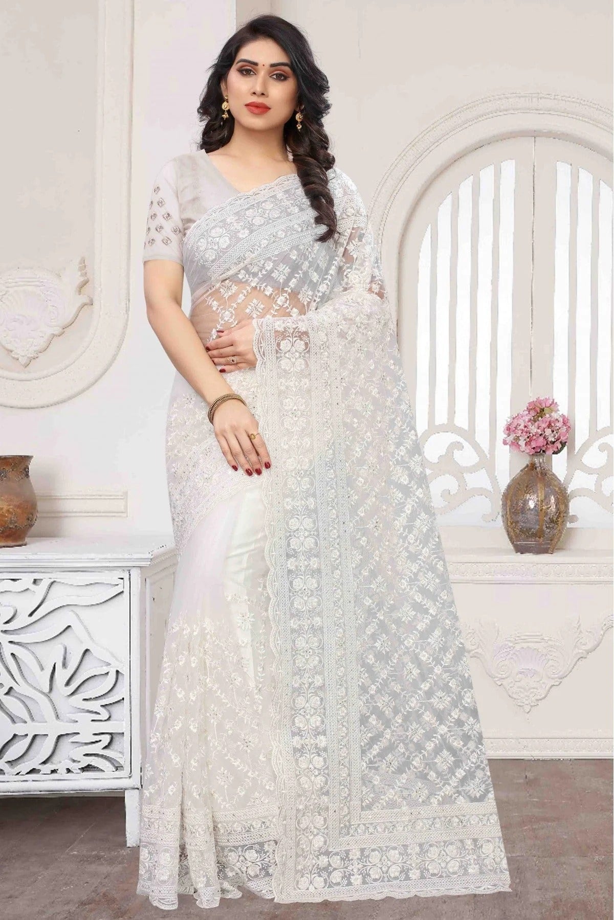 Buy White Net Embroidery Saree NCSD10910660 – Ninecolours.com